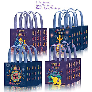 KYMY Diwali Gift Bags, 8pcs Happy Diwali Rangoli Treat Candy Non-Woven Bags, Festival of Lights Goodie Bags Handle, India Deepavali Party Favor for Diwali Supplies Decoration