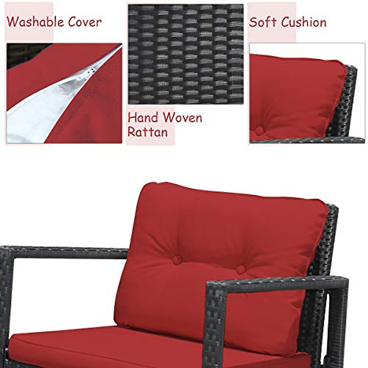 DORTALA 3 Pieces Patio Furniture Set, Rattan Rocking Chair and Glass Coffee Table for Backyard PoolsideOutdoor Wicker Conversation Set w/Cushioned Seat, Set of 3 Patio Bistro Set, Burgundy