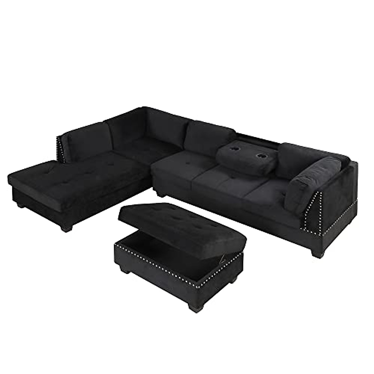 Eafurn 104.5" Convertible Sectional Reversible Chaise and Rivets Trim,L Shaped Corner Storage Ottoman and Cup Holders,Comfy Upholstery Sofa & Couches for Living Room, Black Velvet