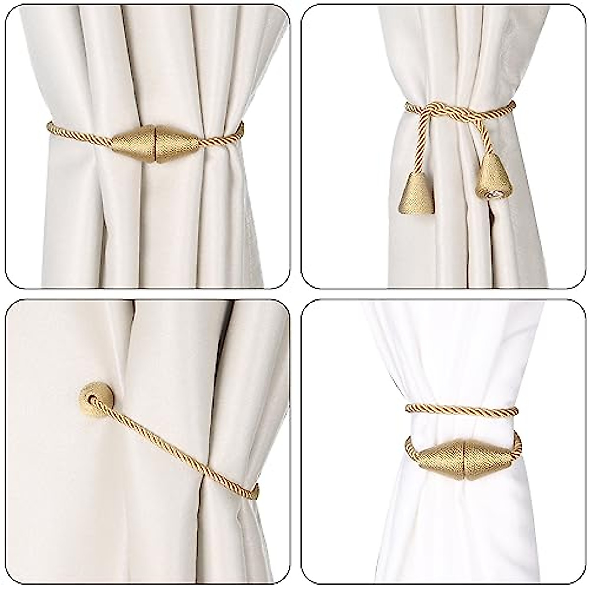 Groleca 4 Pack Magnetic Curtain Tiebacks Curtain Holdbacks Curtain Ties Curtain Pull Backs Modern Rope Tiebacks Drapery Holdbacks Tie Backs for Curtains (Gold,Cone-4 PCS)