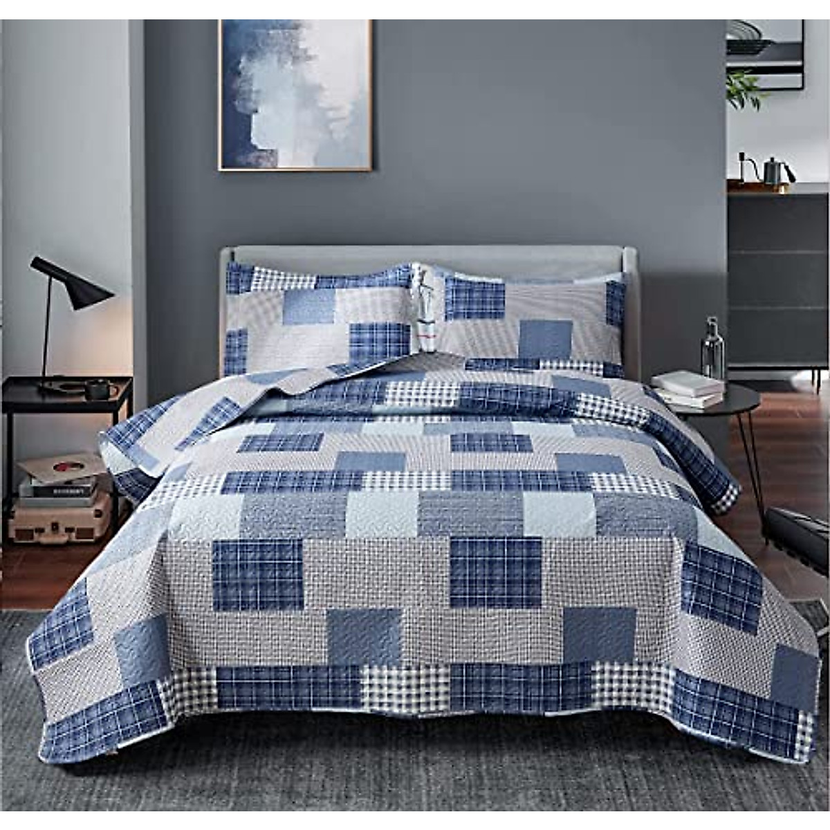 Bedspread Set Queen/Full Size Plaid Quilt Bedding Queen Grey Blue Patchwork Modern Lightweight Quilt Bedspread Home Reversible Coverlet-Soft Polyester 3 Piece Quilt Set Collection