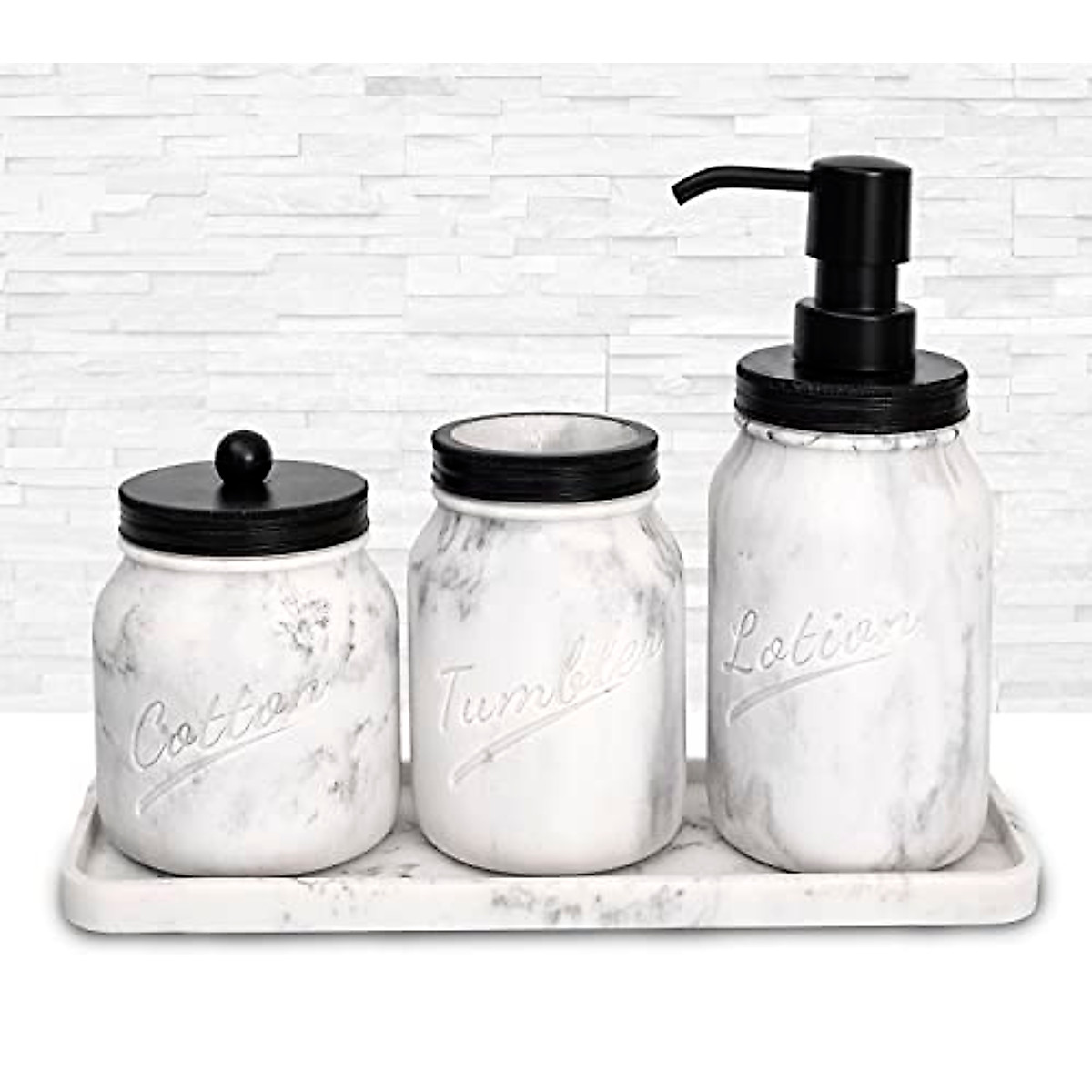 Artfrog Bathroom Accessory Set,Marble Bathroom Accessories,Mason Jar Bathroom Accessory Set, 4 Pcs Bathroom Accessory Set, Marble Look, Include Lotion Dispenser &Tumbler& Cotton Jar&Tray