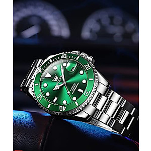 Men Automatic Wirst Watches Self Winding Silver And Green Automatic Watches for Men Mechanical Waterproof Big Face Stainless Steel Date No Battery Watches Man Luminous Submariner Wristwatch Gift