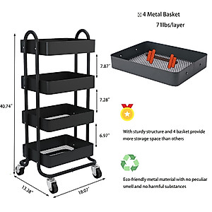 MIOCASA 4-Tier Metal Utility Rolling Cart, Heavy Duty Multifunction Cart with Lockable Casters, Easy to Assemble, Suitable for Office, Bathroom, Kitchen, Garden (Black)