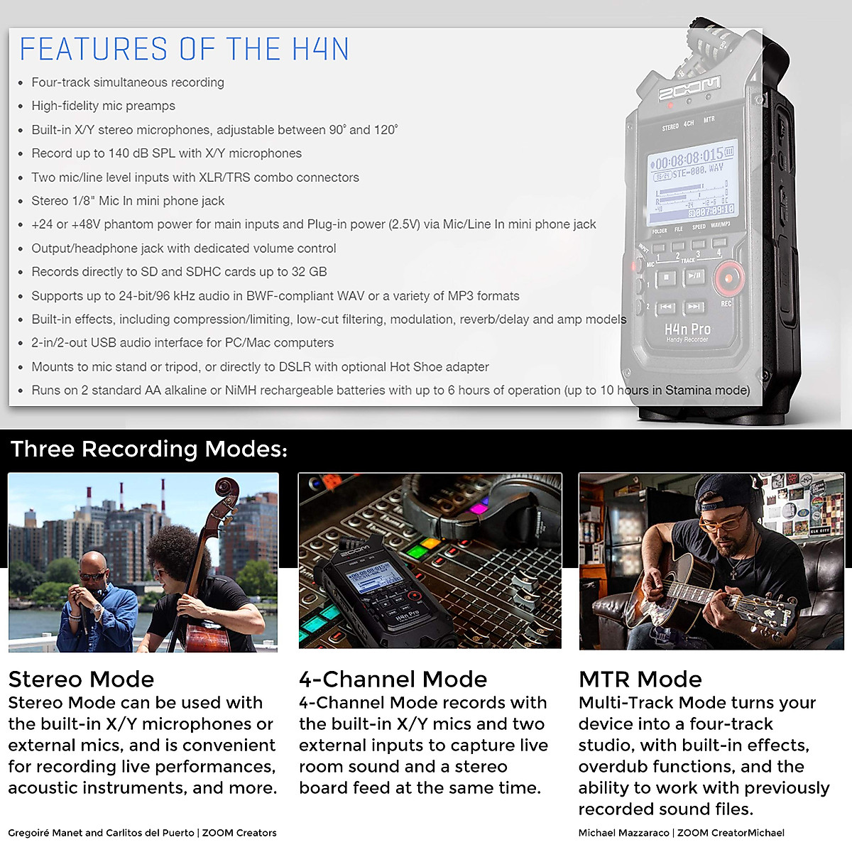 Zoom H4n Pro 4-Input / 4-Track Portable Handy Recorder with Onboard X/Y Mic Capsule (Black) + 32GB Memory Card + Professional Lavalier Condenser Microphone + 4 AA Batteries and Charger