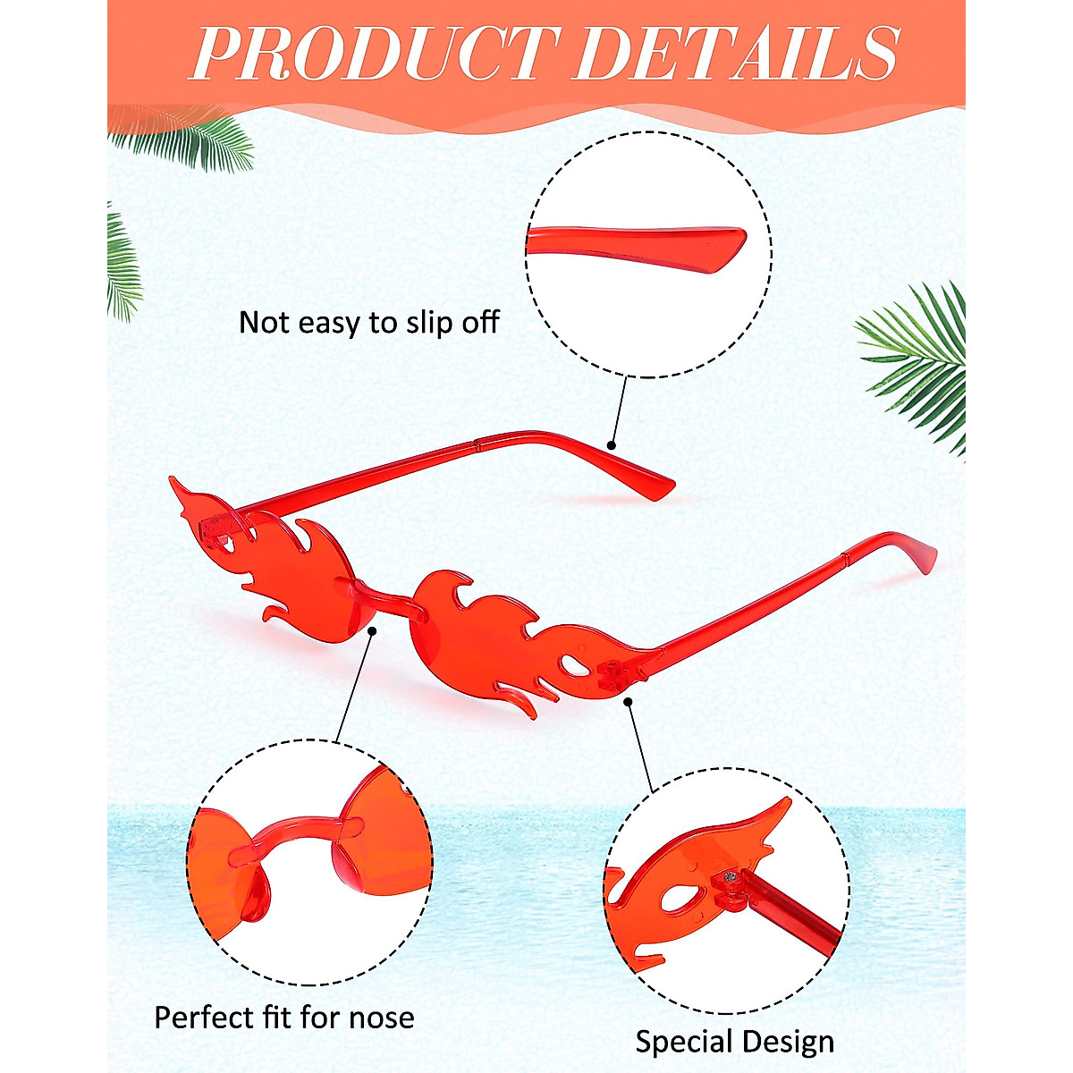 Hoteam 24 Pairs Fire Flame Sunglasses for Women Fire Flame Glasses Retro Wave Rimless Flame Shaped Glasses for Men Party Costume (Red)