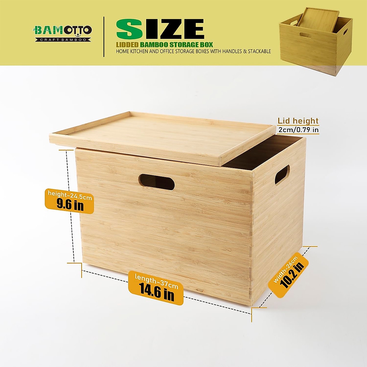 BAMOTTO Lidded Bamboo Storage Bins & Box/Cube/Basket, Home Kitchen and Office Storage Boxes with Handles & Stackable for Organizer Tableware, Crafts, Office Shelf Books, Large, 14.6”x10.2”x9.6”