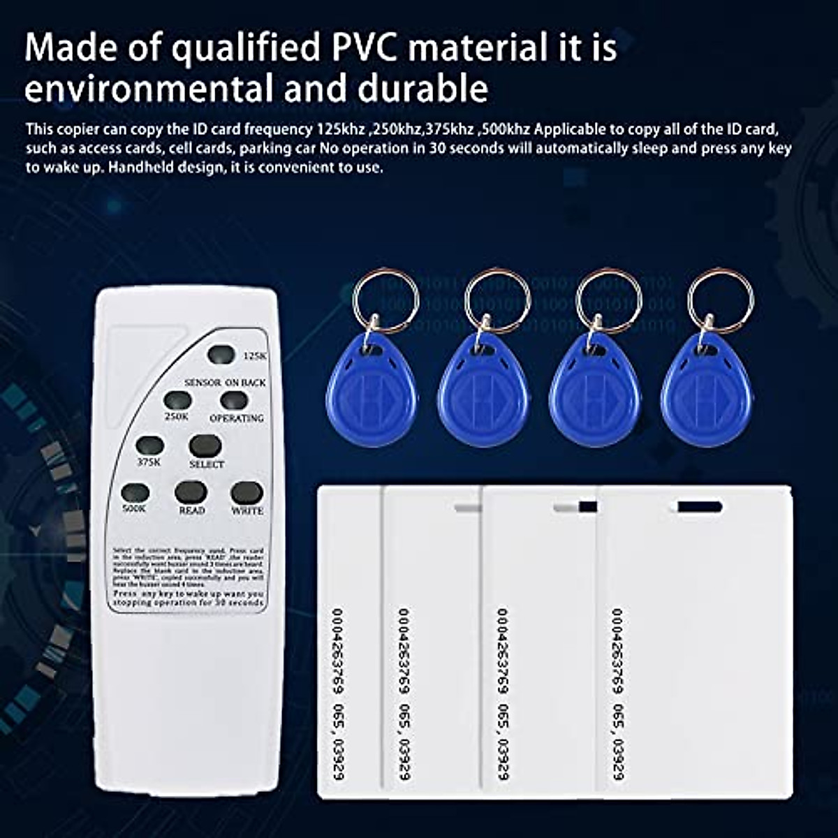 Handheld RFID ID Card Copier, 125kHz EM4305 RFID Proximity ID Card Reader/Writer/Duplicator, 10Pcs Writable 125kHz RFID Key Fob+10Pcs Contactless 125kHz RFID Proximity Smart Card