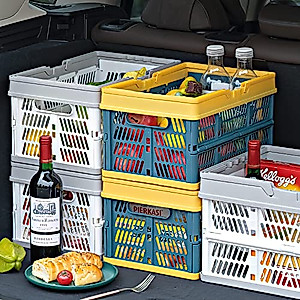 Kingrol 2 Pack Collapsible Crates for Storage, Plastic Baskets with Handles for Home Office Laundry Room Shelves Organizer, Portable Shower Caddy, 15 x 9.8 x 8 Inch, White/Gray