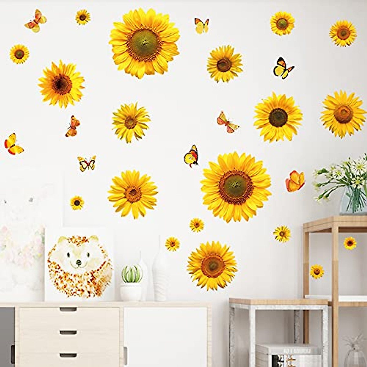 56Pcs Sunflower Butterfly Sticker Sunflower Stickers for Walls Car Sunflower Decorations for Room Yellow Flowers Wall Decor Wall Decor Living Room Stickers for Window