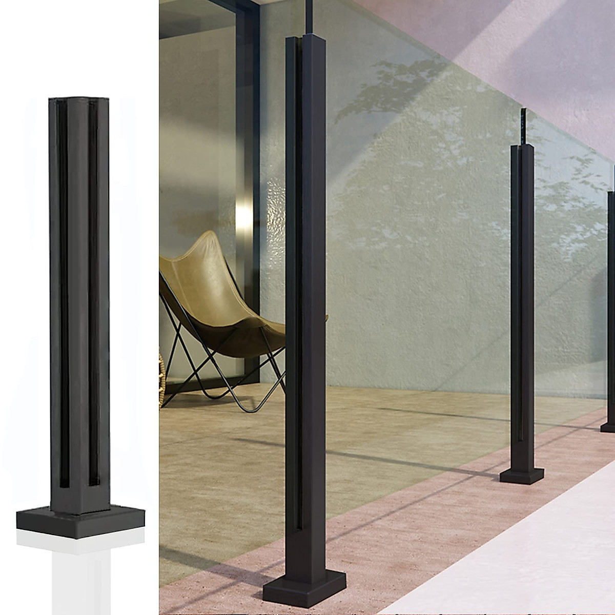 Glass Balustrade Post 37" Corner Post, 304 Stainless Steel Black Glass Railing Post with Spigot Slots & Sturdy Base for Steps, Balcony, Stairway, Deck, Patio Stairs(Cannot Add Handrail Version)