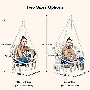 Greenstell Hammock Chair, Macrame Swing with Cushion and 304 Stainless Steel Hanging Kits, Max 330Lbs Hanging Cotton Rope Swing Chair, for Indoor, Outdoor, Home, Patio, Yard (Beige)