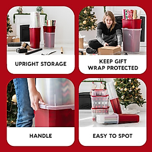 IRIS USA 40" Wrapping Paper Storage Container with Built-in Handles, 1 Pack, Fits up to 20 Rolls of Wrapping Paper, Holiday Storage-Bin, Vertical Christmas Birthday Gift Wrapping Organizer, Clear/Red