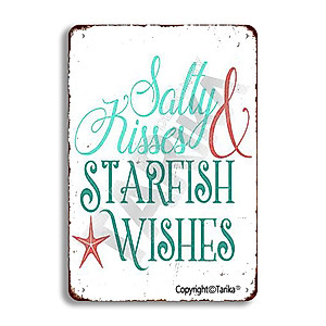 Salty and Kisses Starfish Wishes 8X12 Inch Metal Vintage Look Decoration Art Sign for Home Kitchen Bathroom Farm Garden Garage Inspirational Quotes Wall Decor