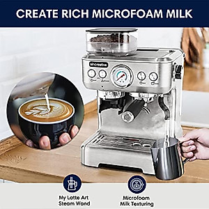 Espresso Machine with Grinder and Milk Frother, 20 Bar Semi Automatic Espresso Coffee Machine Latte and Cappuccino Coffee Maker All in One Espresso Machine For Home Barista, Brushed Stainless Steel