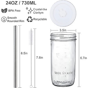 4 Pack Glass Bubble Tea Cups - 24oz Mason Jar with Lid and Straw, Clean Brush, Reusable Wide Mouth Glass Smoothie Cups, Boba Cup, Iced Coffee Cup, Travel Glass Drinking Bottle Mason Jar