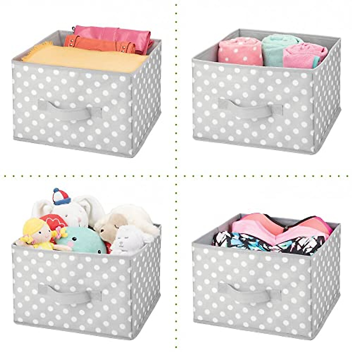mDesign Soft Fabric Closet Storage Organizer Holder Box Bin - Attached Handle, Open Top, for Child/Kids Bedroom, Nursery, Toy Room - Fun Polka Dot Print - Medium, 4 Pack - Gray/White Dots