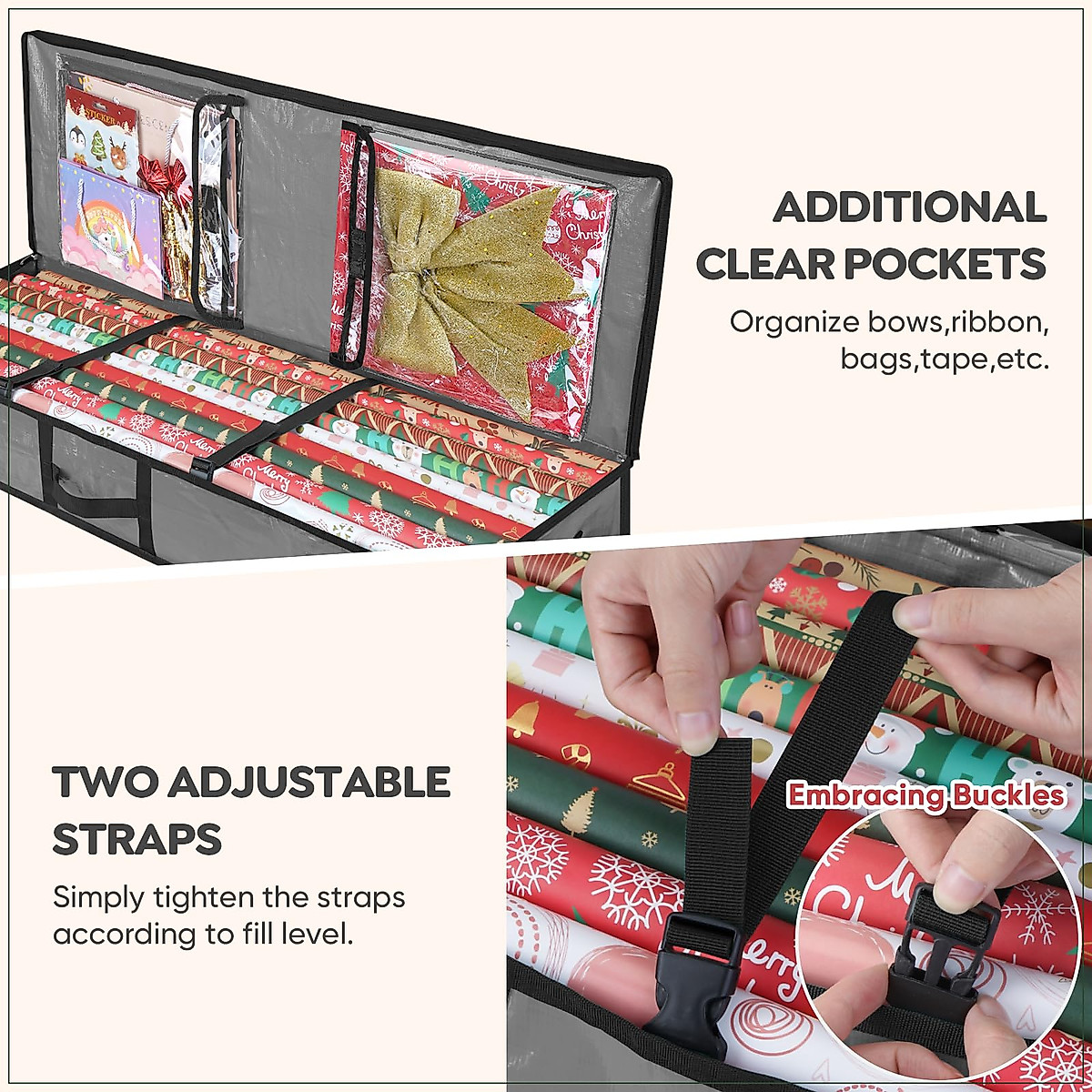 BALEINE SOFT Christmas Wrapping Paper Storage Bag, 40" Durable PE Gift Wrap Storage Bag with Flexible Partitions and Pockets for Ribbon, Accessories (Grey)