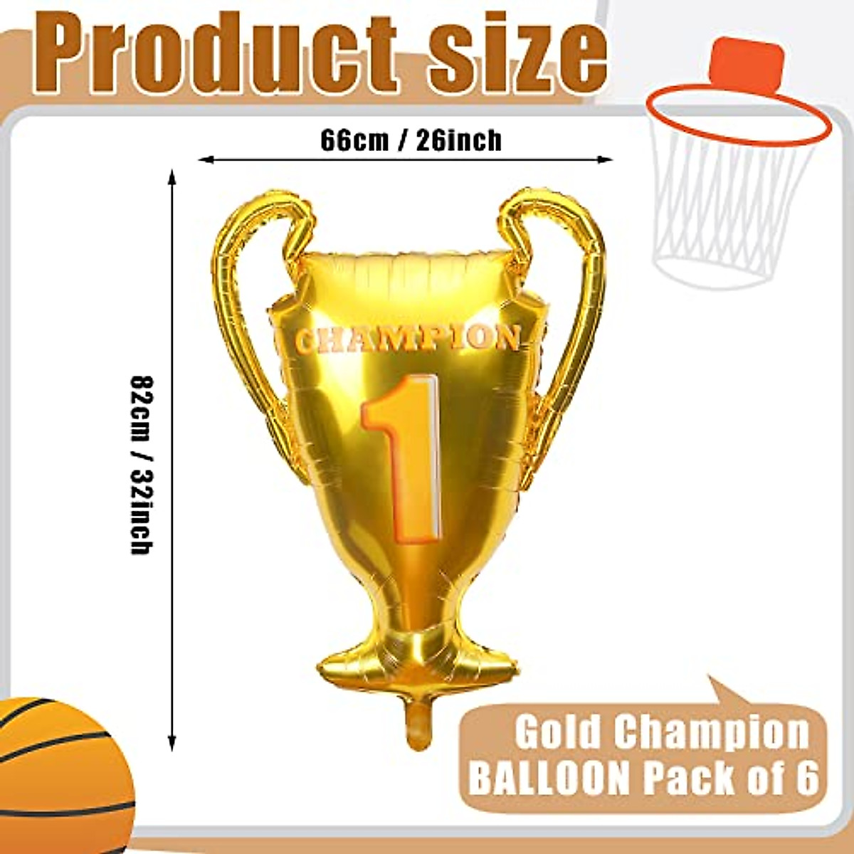 6 Packs Gold Champion Foil Balloons Championship Mylar Trophy Balloon The First Prize Sport Balloons Basketball Soccer Football Anniversary Birthday Games Party Decorations