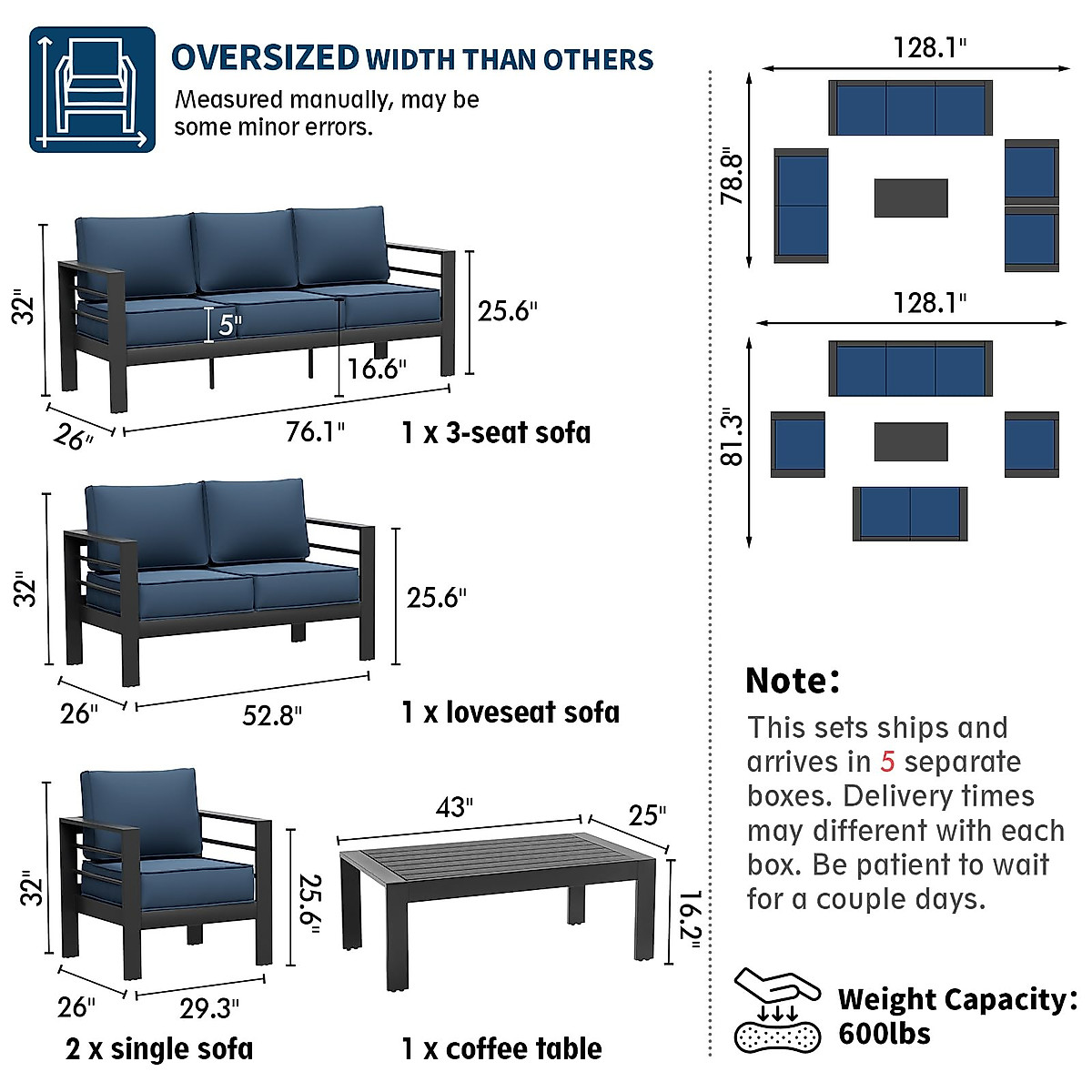 UDPATIO Oversized Aluminum Patio Furniture Set, Modern Metal Outdoor Patio Conversation Sets Patio Sectional Sofa Set with 5 Inch Cushion for Deck, Grey Blue (Include 4 Sofa Covers)