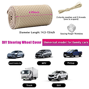 Ziciner Genuine Leather Steering Wheel Cover, Stitch on Wrap, Breathable Anti-Slip Car Steering Wheel Protector for Max Diameter 15 Inch, DIY Sewing with Needle Thread (Beige, Hole)