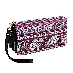 LATH.PIN RFID Blocking Bohemian Purse Wallet Canvas Elephant Pattern Handbag with Coin Pocket and Strap