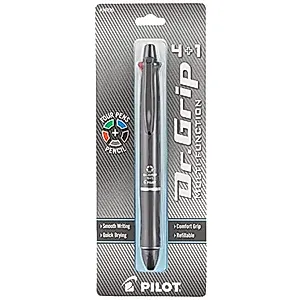PILOT Dr. Grip 4+1 Multi-Function Refillable & Retractable Ballpoint Pen + Pencil, Fine Point, Black Barrel, Black/Red/Blue/Green Inks, Single Pen (36220)