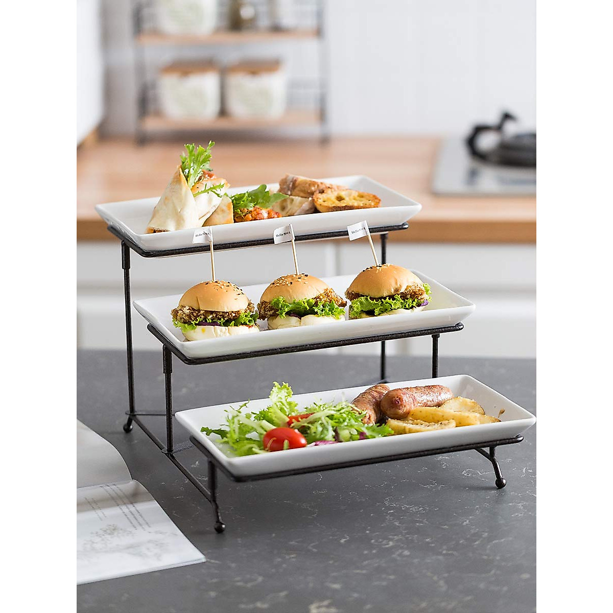 LAUCHUH 3 Tier Serving Stand Collapsible Sturdier Rack with 3 Porcelain Serving Platters Tier Serving Trays for Fruit Dessert Presentation Party Display Set, 12 Inch, Bronze