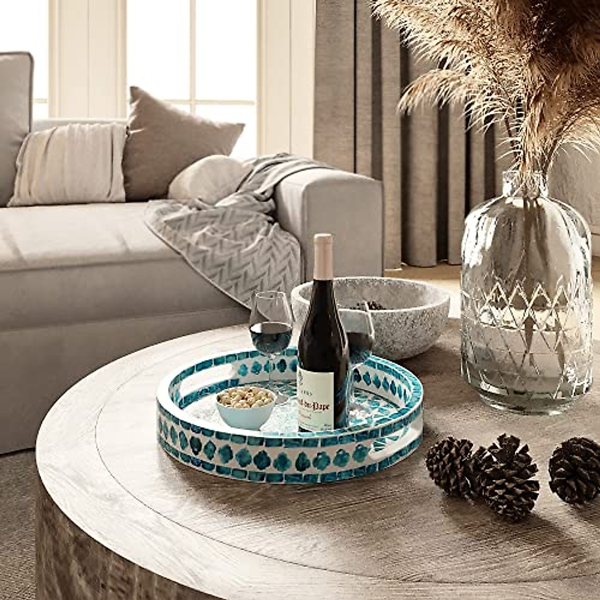 Mother of Pearl Inlay Round Serving Tray | Coffee Table Wooden Tray w Insert Handles - Luxury Decorative Platters for Party, Dinner, Breakfast in Bed - by MadeTerra (Round-Teal)