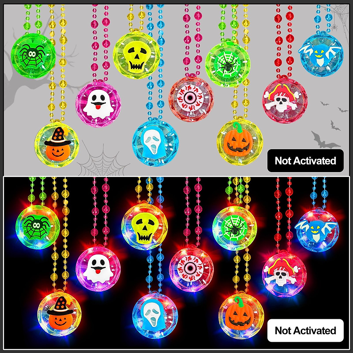 AMENON 20 Pcs Halloween Party Favors for Kids, 10 Styles LED Light Up Necklaces Halloween Toys Gifts Spider Ghost Glow in the Dark Trick or Treat Toys Party Supplies Halloween Treat Goodie Bag Fillers