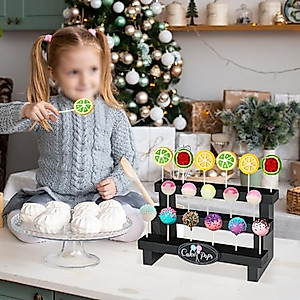 Y&ME YM Cake Pop Stand, 3-Tier Cake Pop Holder with Decor Sign, Lollipop Stand for Dessert Display, 17 Holes Cakepops Stick Stand, Wood Cake Stand for Wedding/Birthday/Baby Shower/Party (Black)