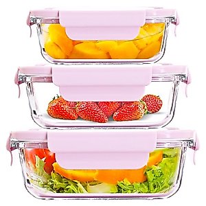 ATRDTO 6 Pieces Rectangle Glass Food Storage Containers with Lids, Meal Prep Containers for Food Storage, BPA Free & Leak Proof (3 lids & 3 Containers) 13.9oz, 24oz, 35oz (Pink)