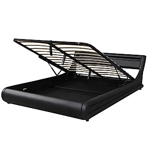 EMKK Upholstered Faux Leather Platform Bed with a Hydraulic Storage System with LED Light Headboard Bed Frame with Slatted Queen Size for Adult, Teens, Kids, No Box Spring Needed