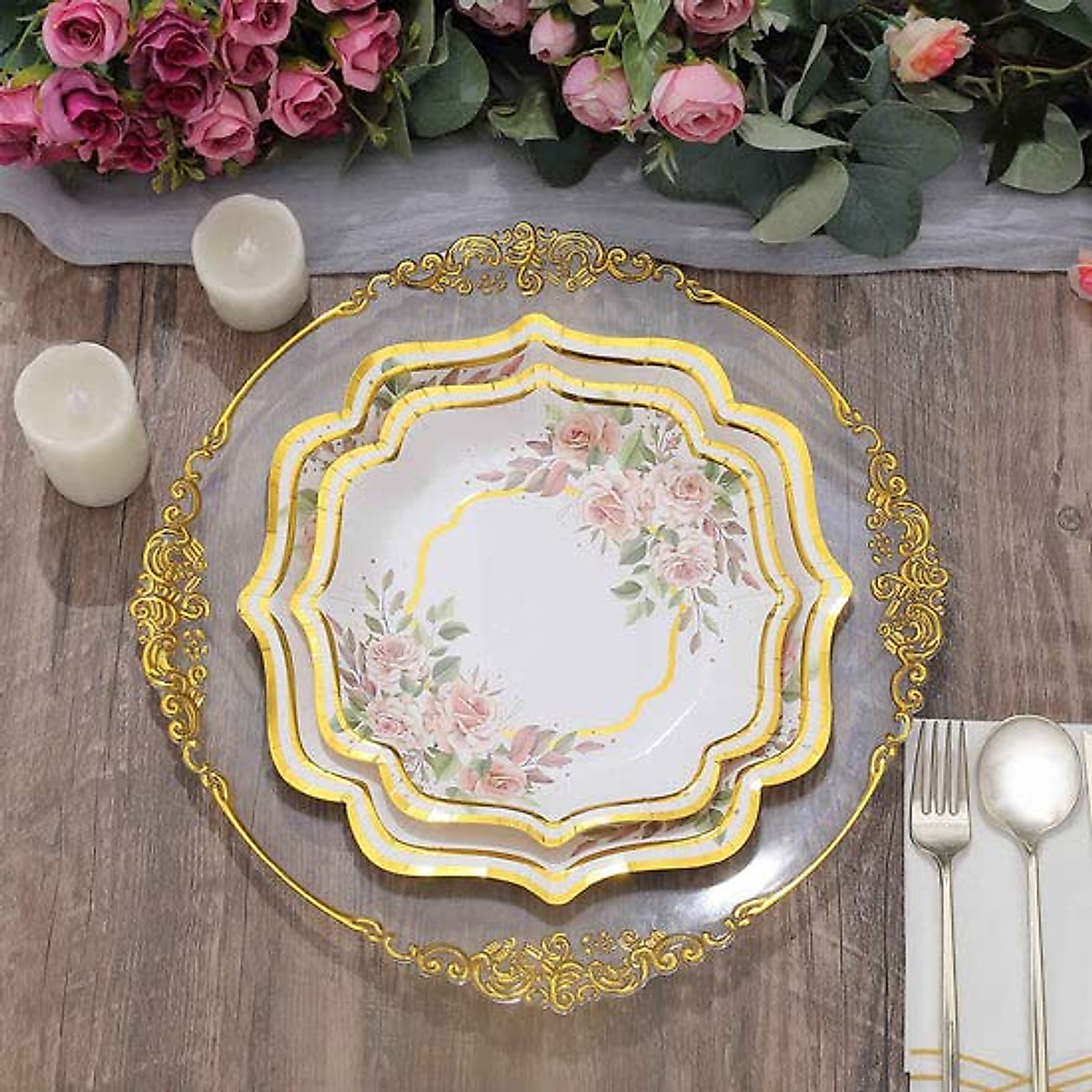 Tableclothsfactory 25 Pack | White/Gold Floral 10" Scallop Rim Dinner Party Paper Plates, Disposable Plates - 300 GSM