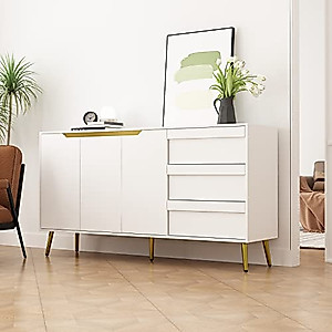 ECACAD Modern Sideboard Buffet Storage Cabinet with 3 Drawers & 3 Doors, Kitchen Cupboard Console Cabinet with Metal Legs for Living Room, Entryway, White (63”L x 15.6”W x 33.4”H)
