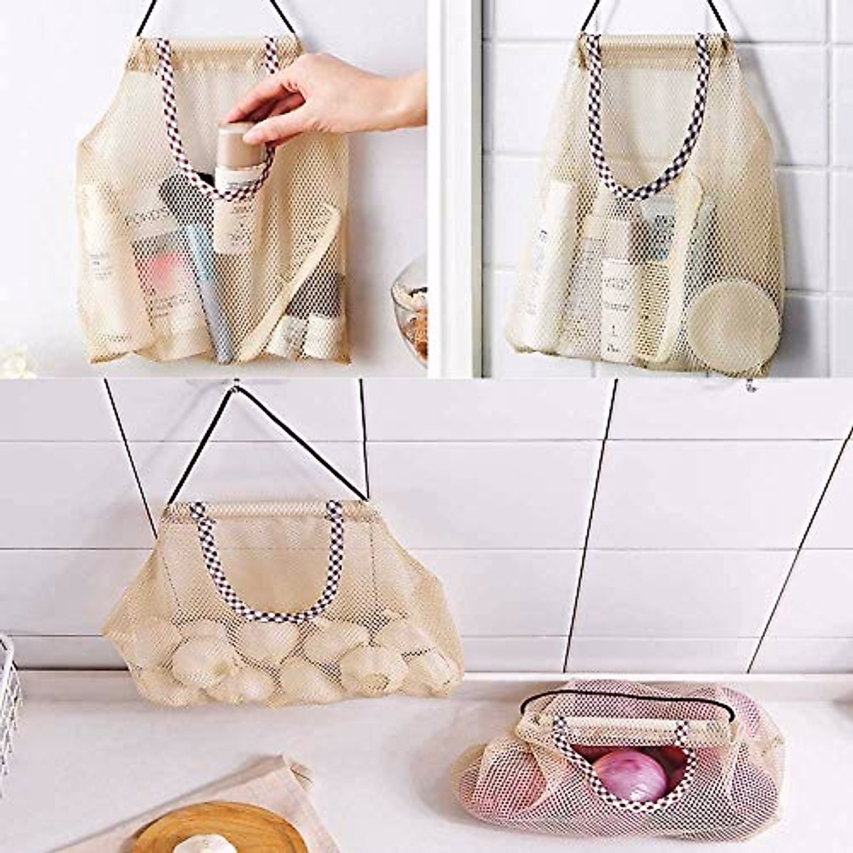 5 PCS Hanging BagHollow Reusable Storage Mesh Bag Vegetable Bag for Fruit,Garlics,Potatoes,Onions Breathable Mesh Bag