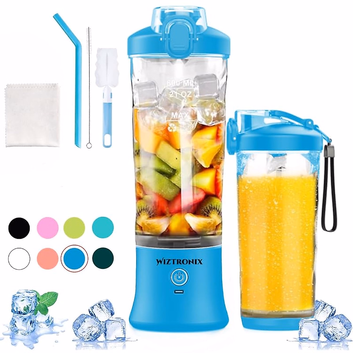 Cordless 21oz Portable Blender BPA Free With Personal Blender Cup, Best For Smoothie, Shakes, and Cocktails, With Durable Stainless Steel Blades, USB-C Rechargeable in Blue By WIZTRONIX