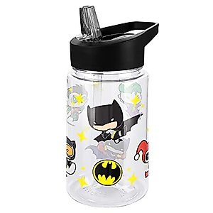 LOGOVISION Batman Kids Tritan Plastic Water Bottle with Straw Lid and Handle, Reusable Tumbler for Toddlers, Unisex for Girls and Boys, 12oz, Chibi Friends