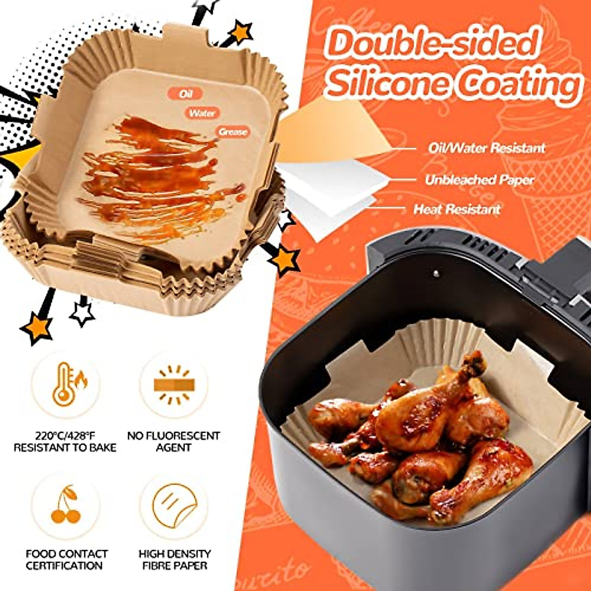 Air Fryer Liners 7.9 inch, 125 Pcs Square Disposable Paper Liners with Four Handles, Oil-proof Water-proof Parchment Paper, Food Grade Cooking Paper for Air Frying, Baking, Roasting Microwave