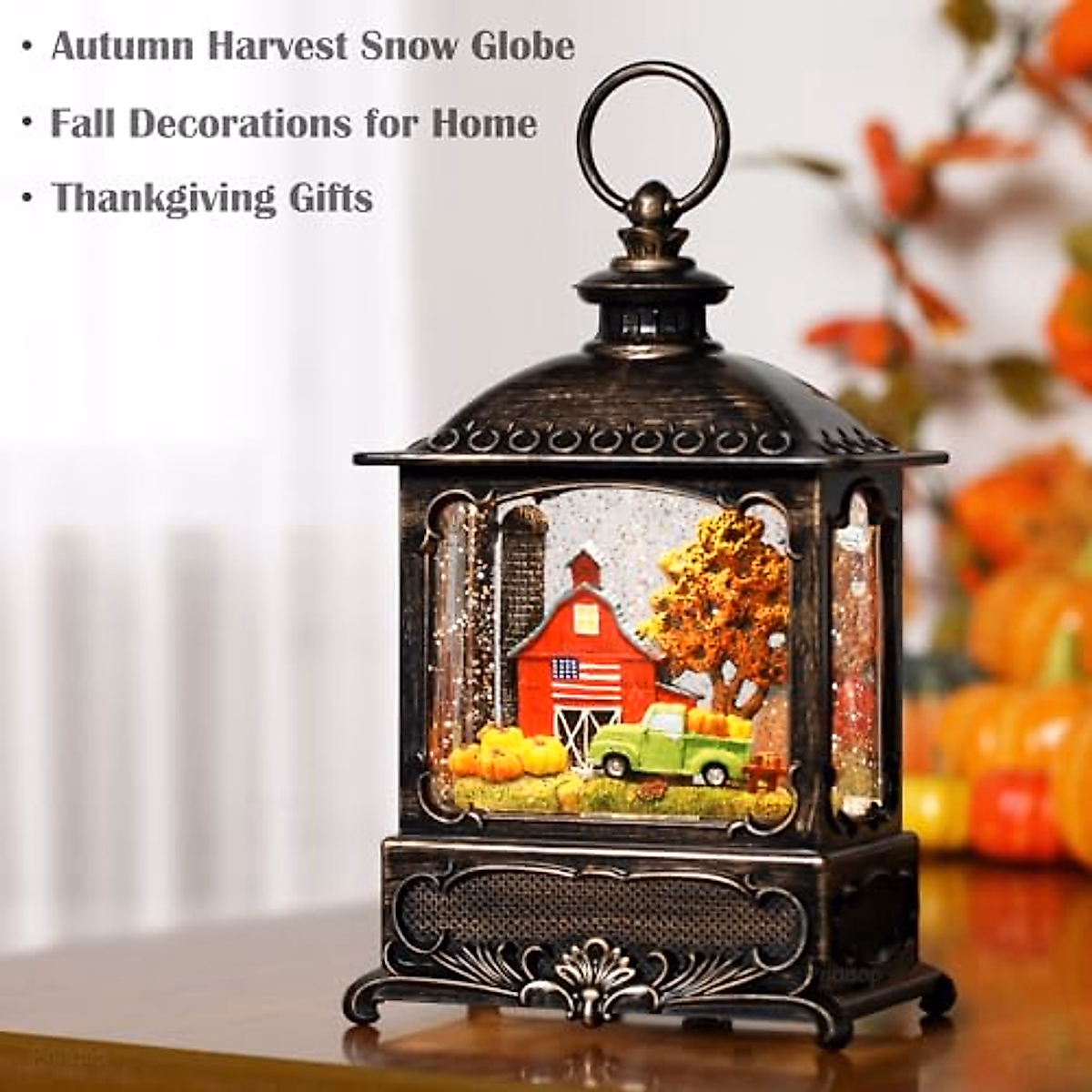 Priddop Fall Snow Globe Lantern - Red Barn Truck Pumpkin Farm Glittering Autumn Harvest Decorations for Home, Thanksgiving
