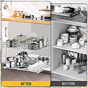 FULGENTE Pull Out Cabinet Organizer for Lid Cookware 20" W x 21" D 2 Tier Slide Out Kitchen Cabinet Shelves for Pots Pans Organizer Rack Organizador De Ollas y Sartenes Wire Frame Chrome Finish
