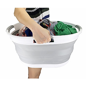 SAMMART 25L (6.6 gallon) Collapsible Plastic Laundry Basket - Foldable Pop Up Storage Container/Organizer - Portable Washing Tub - Space Saving Hamper/Basket (White/Grey)