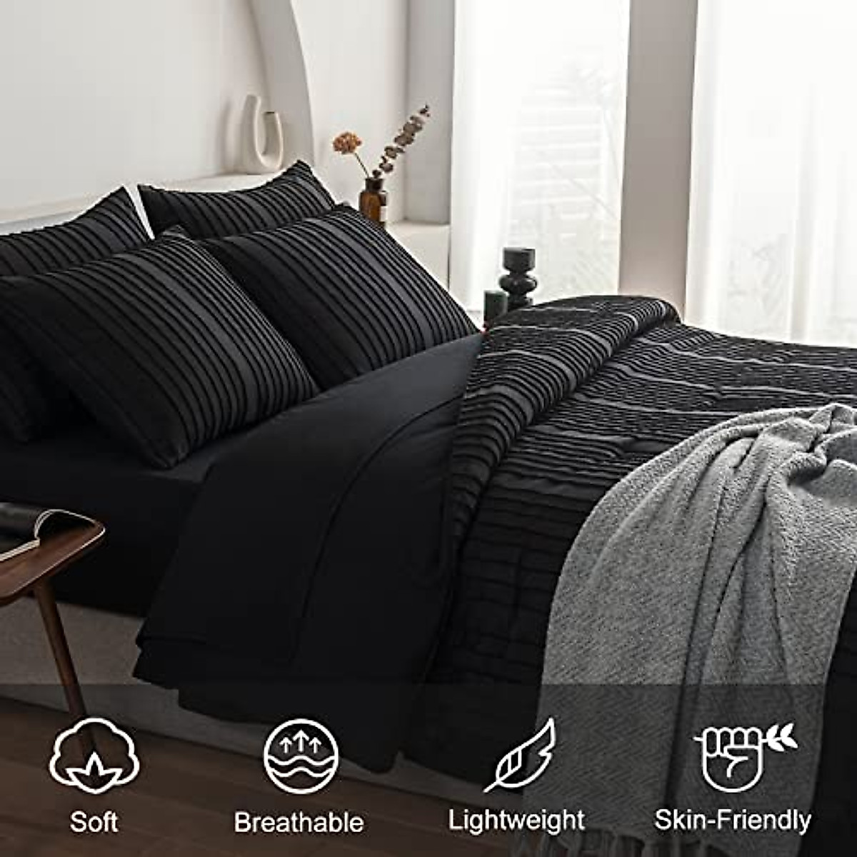 WARMDERN Black Comforter Set Queen Size Soft Bedding Sets Boho Striped Pattern Comforter Set Lightweight Comforter for All Season Down Alternative Comforter Bed in A Bag 7 Piece(Queen, Black)