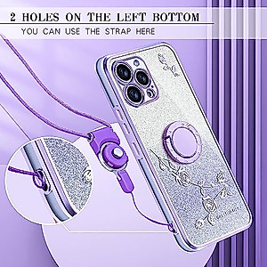 DHIMI for iPhone 14 pro Flowers Floral Design Sparkle Luxury Cases,Diamond Kickstand Plating Glitter Case for Women Girls 14 Pro Phone Cases (Purple)