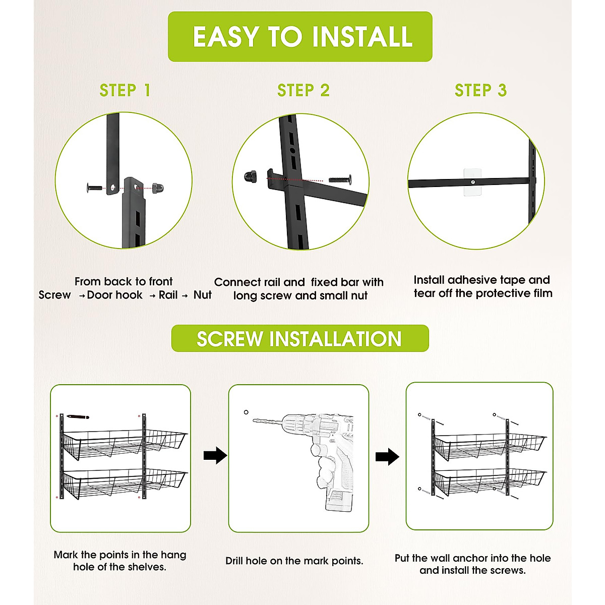 Mefirt Over The Door Pantry Organizer, Wall Mount Spice Rack, Pantry Hanging Storage and Organization, 6 Adjustable Baskets Heavy-Duty Metal for Home & Kitchen, Back of Door Seasoning Rack - White