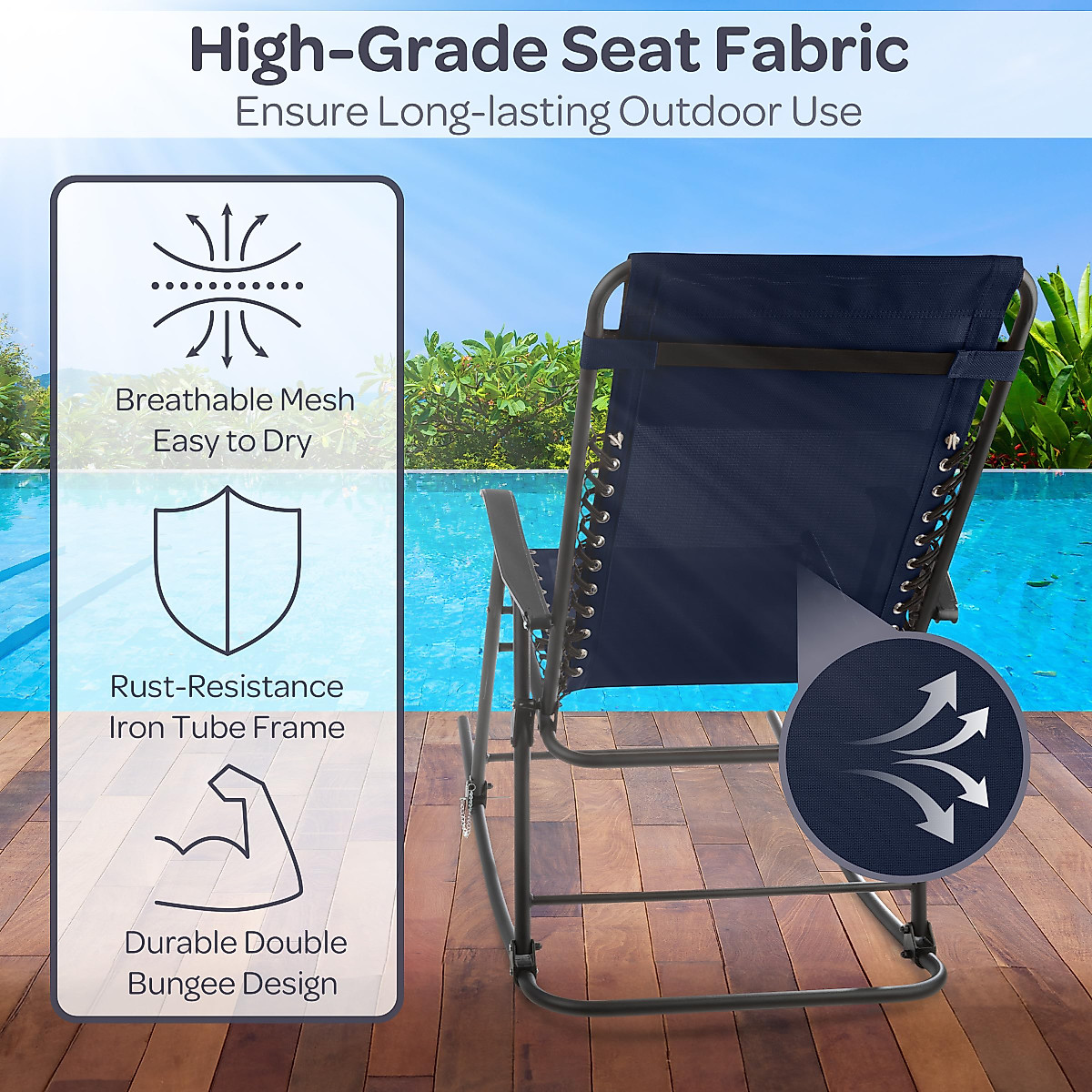 Lavish Home Rocking Chair Outdoor Furniture - Folding Chair Rocker with Adjustable Pillow - Camping, Front Porch, or Patio Furniture (Navy)