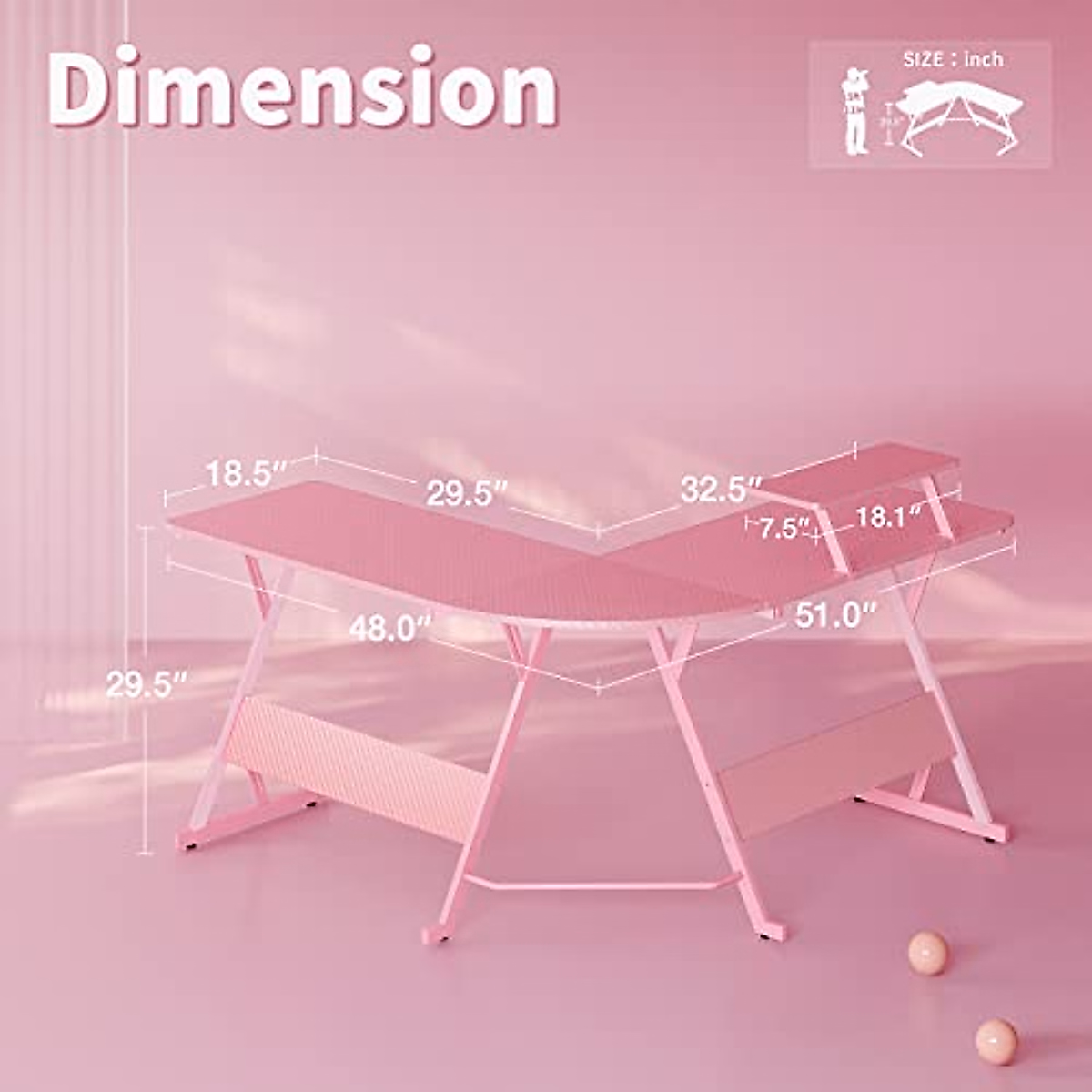 MOTPK Pink Gaming Desk L Shaped, 51 Inch Gamer Desk Gaming Table with Carbon Fiber Texture, Corner Computer Desk L Shape with Monitor Stand & Cup Holder & Headphone Hook, for Women & Girls Gift