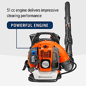 Husqvarna 150BT Backpack Leaf Blower Gas Powered, 51-cc 2.16-HP 2-Cycle Backpack Blower, 765-CFM, 270-MPH, 22-N Powerful Clearing Performance and Ergonomic Harness System,Orange