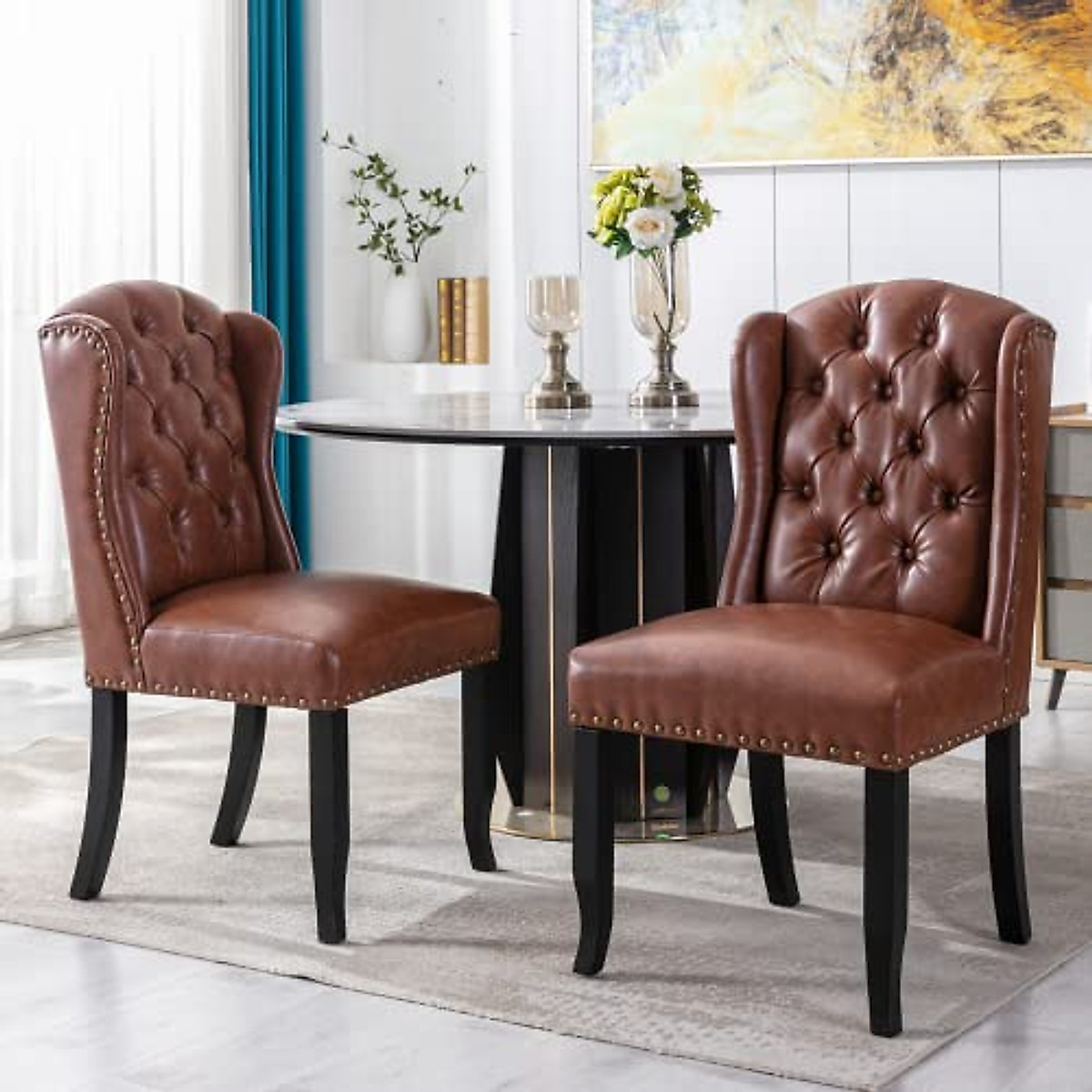 LukeAlon Classic PU Leather Dining Chairs Set of 2, Upholstered Button Tufted Dining Room Side Chairs with Solid Wood Legs Elegant High Back Dinner Chair with Nailhead Trim for Home Kitchen, Brown