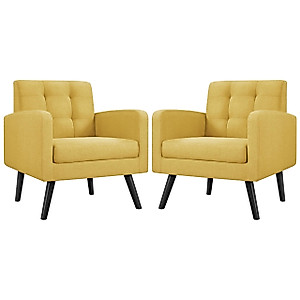 Yaheetech Mid-Century Accent Chairs, Modern Upholstered Living Room Chair, Cozy Armchair Button Tufted Back and Wood Legs for Bedroom/Office/Cafe, Set of 2, Yellow